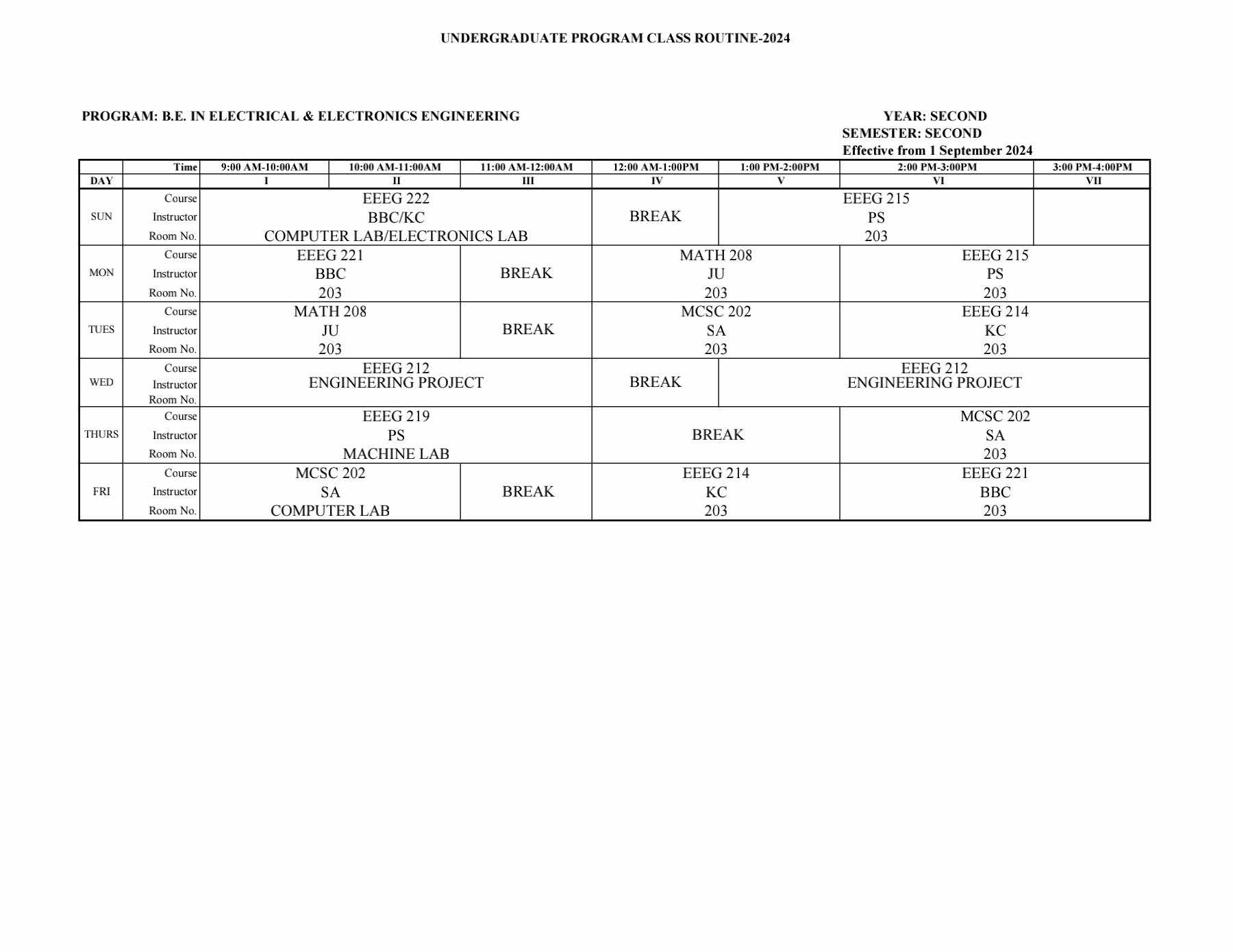 Class Routine – SEEE-KU